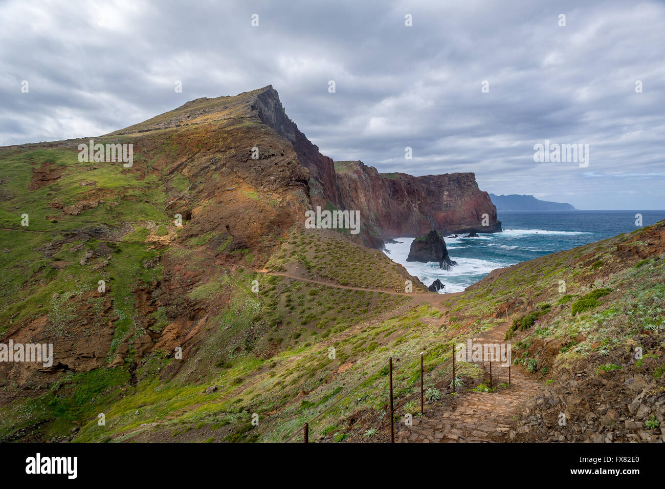 Madeira island hiking path in a beautiful volcanic landscape Stock ...