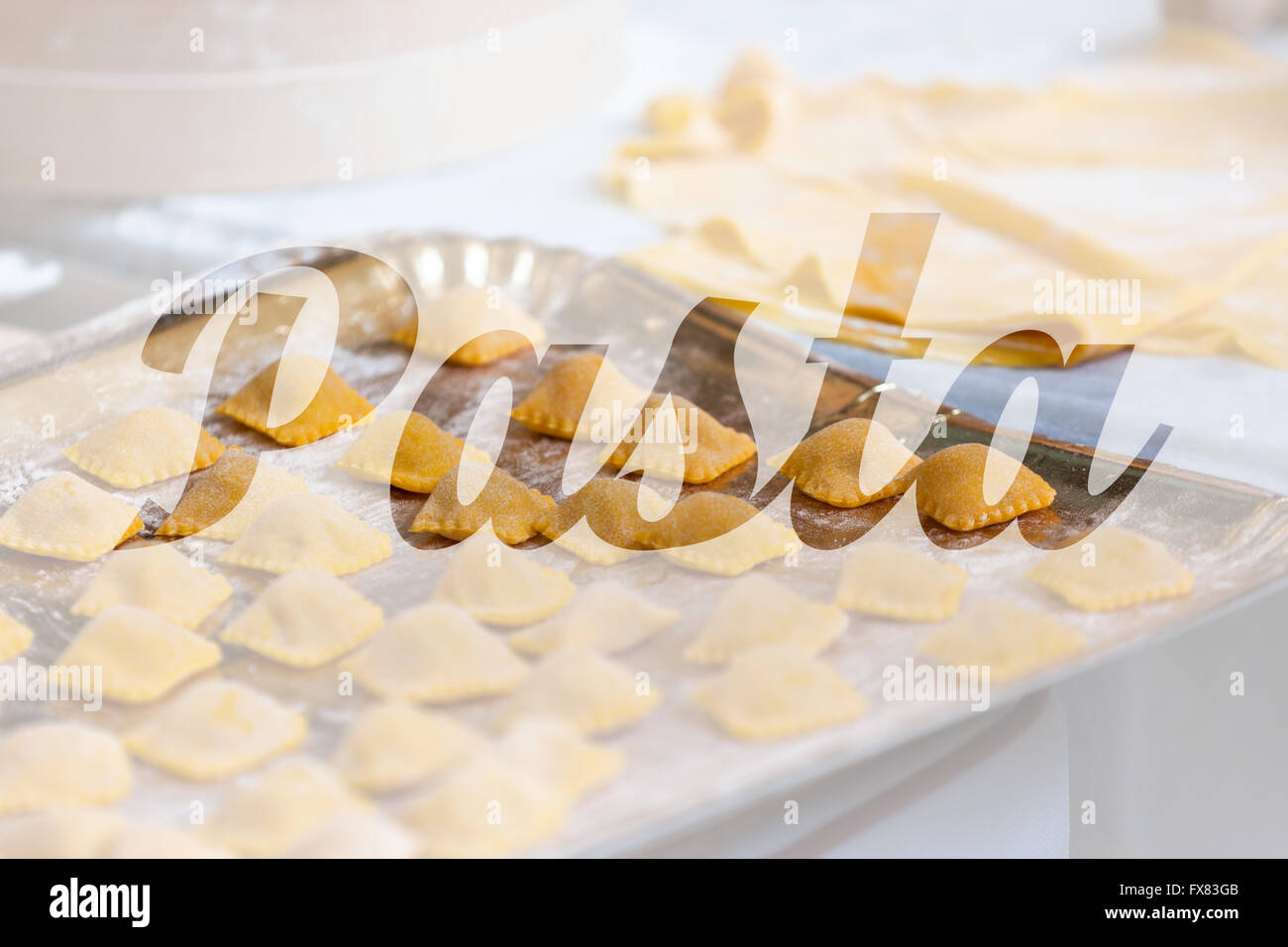 Pasta, written on a background of a picture with Fresh homemade pasta ...