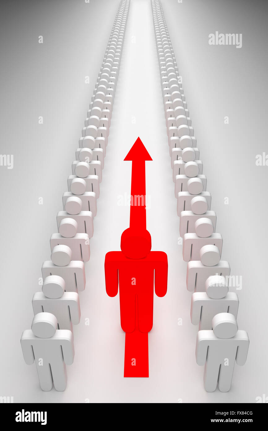 two rows of colorless people and one red between them, 3d rendering ...