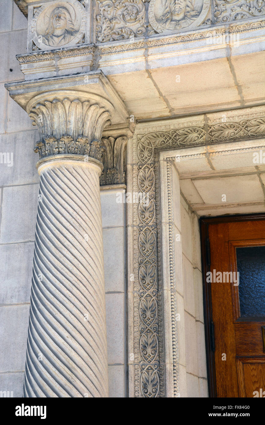 Column at the main entrance to St. Mary of the Lake Catholic Church ...