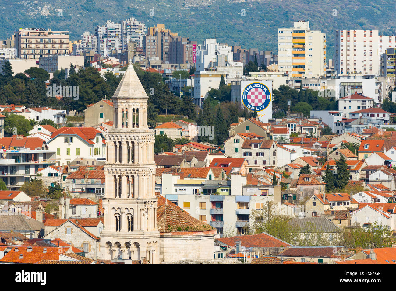 A roofscape view of the town of Split, Croatia, showing the historic ...