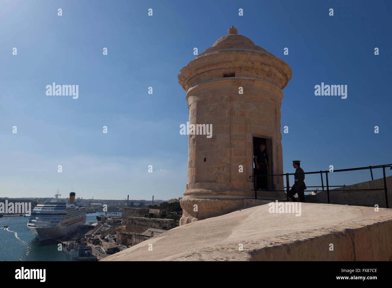 The sentry post at Valletta's landfront fortifications and the Grand ...
