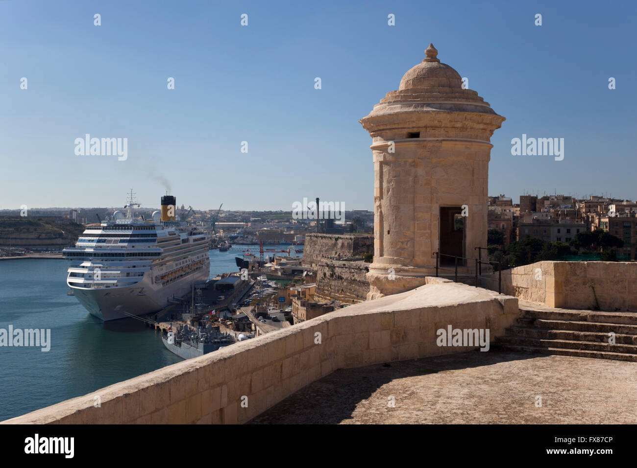 The sentry post perched atop the landfront fortifications of Valleta ...