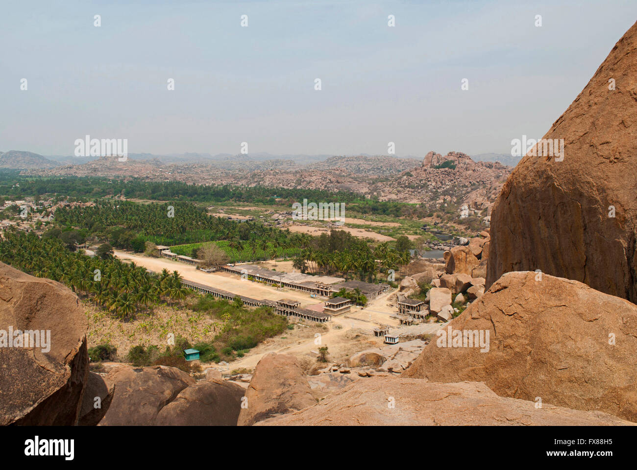 Aerial view of the eastern end of the Hampi Bazaar from the west side ...
