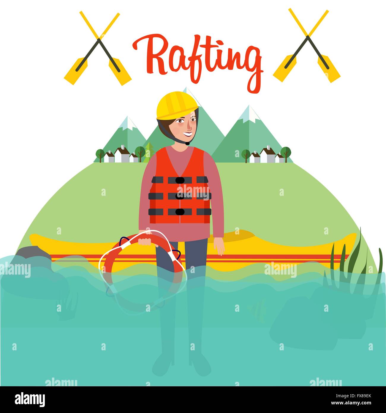 rafting people standing boat river helmet raft canoe sport kayak Stock ...