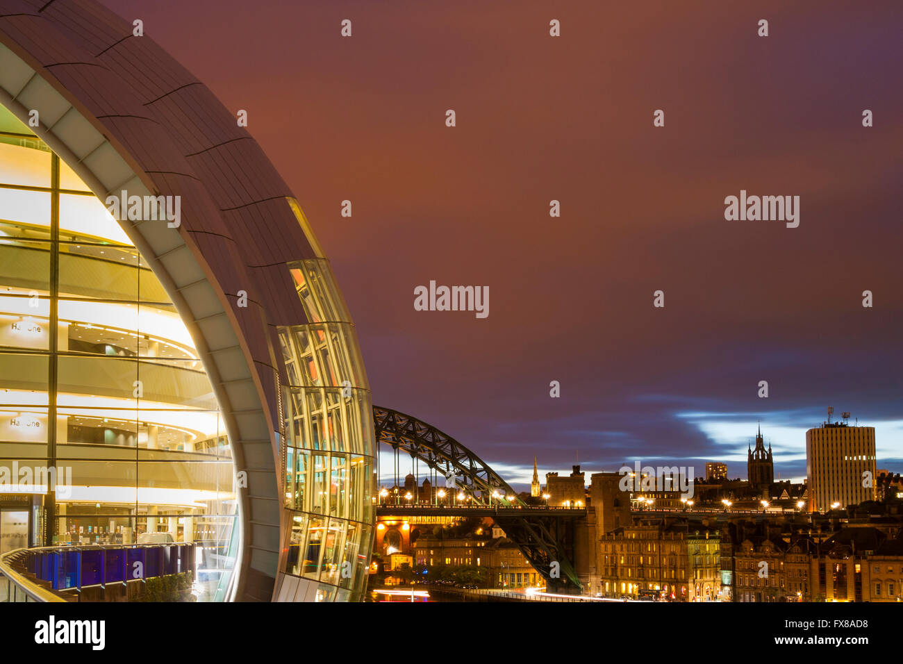 The Sage Gateshead building with Newcastle`s Tyne bridge in distance ...