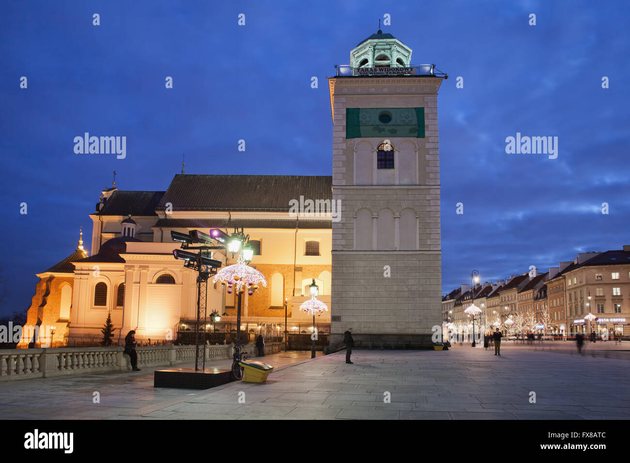 St. Anne's Church at night in Warsaw, Poland, bell tower, vantage point ...