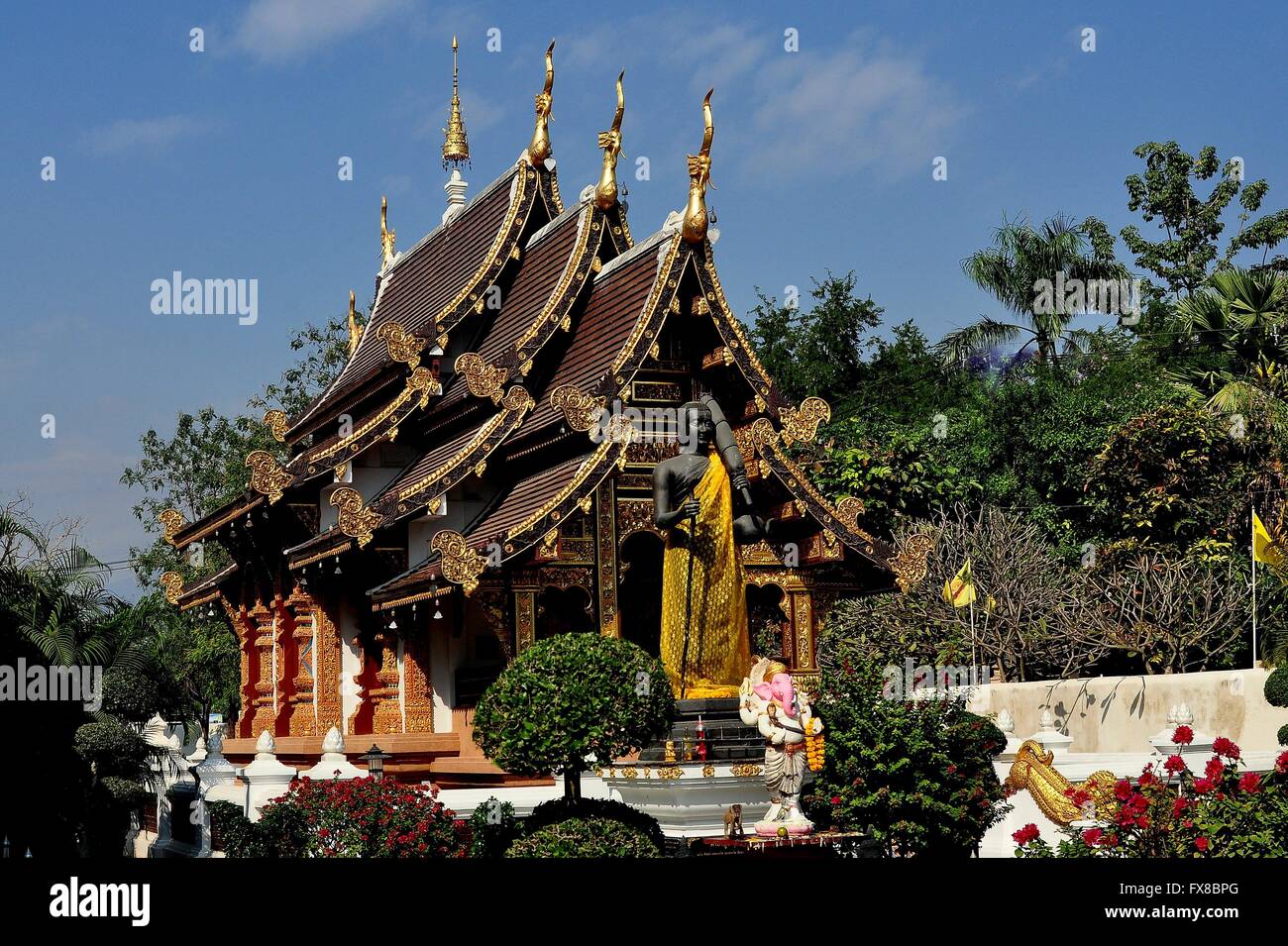 Chiang Mai, Thailand: Vihan hall with gabled roofs lined with gilded ...