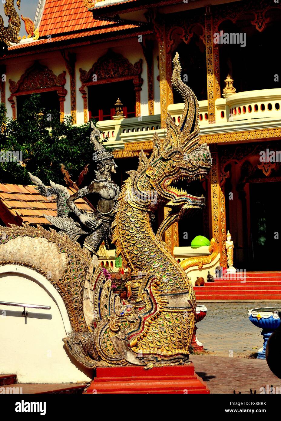 Chiang Mai, Thailand: Gilded stone Naga dragon at Wat Changkam in Wiang ...
