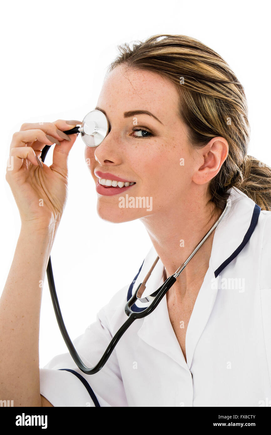Attractive Playful Happy Female Doctor With A Stethoscope Isolated Against A White Background