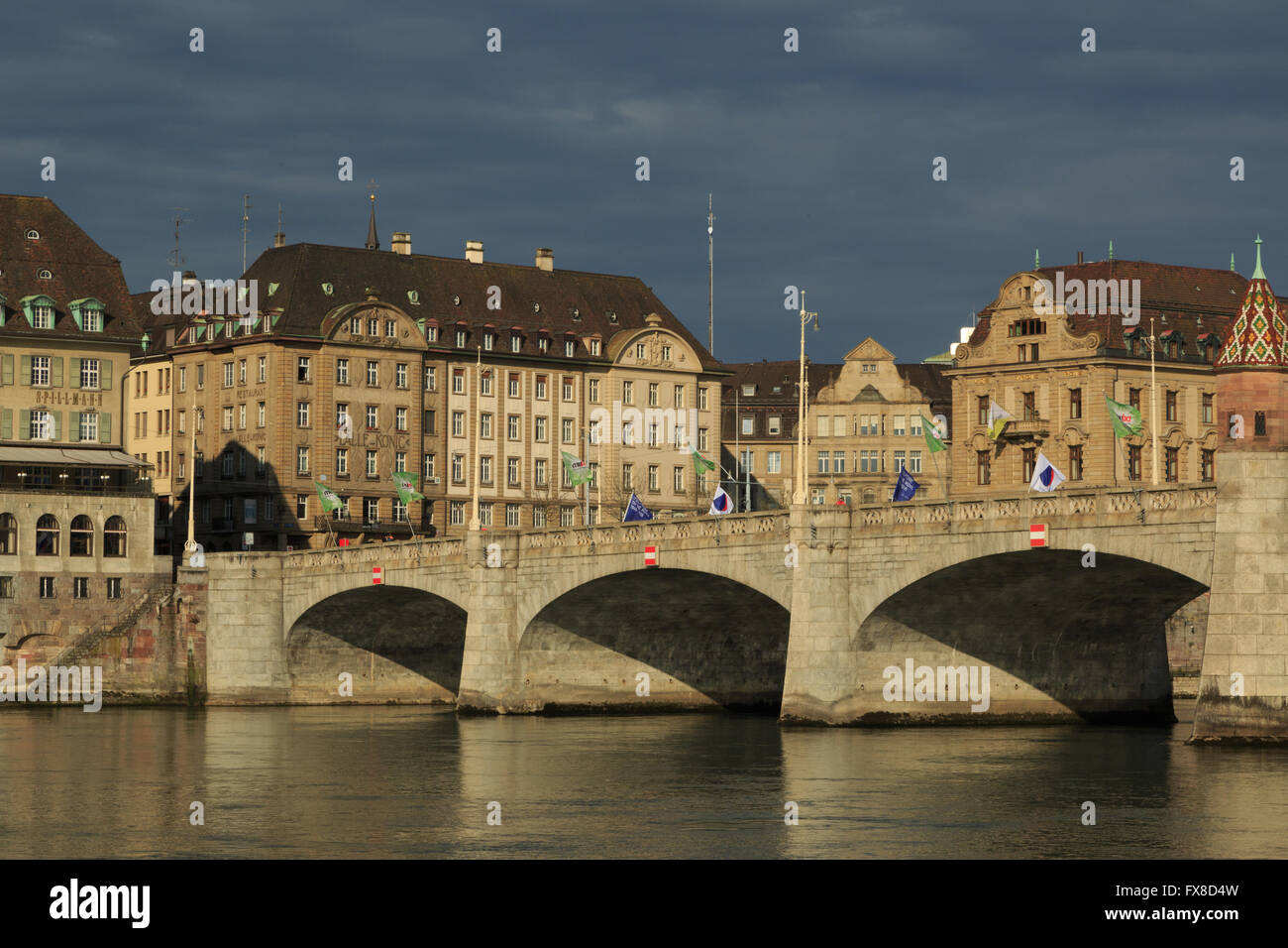 A photograph of the historical middle bridge (Mittlerebrücke) in Basel ...