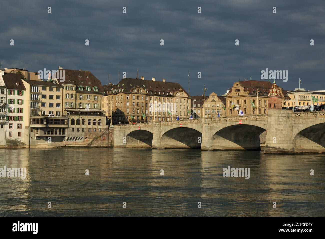 A photograph of the historical middle bridge (Mittlerebrücke) in Basel ...