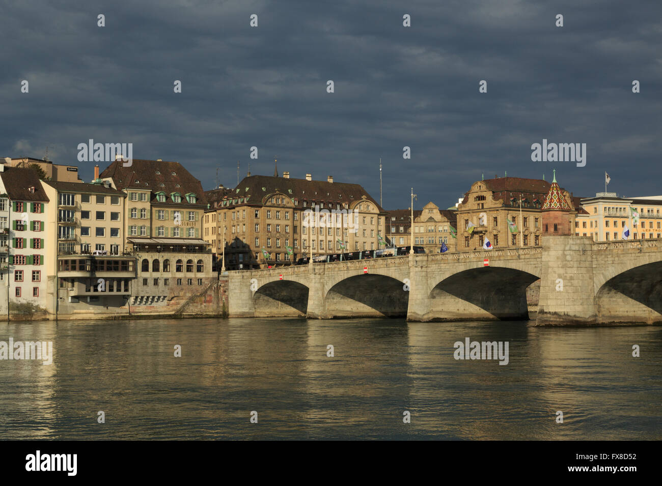 A photograph of the historical middle bridge (Mittlerebrücke) in Basel ...