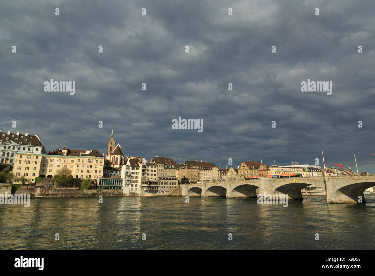 A photograph of the historical middle bridge (Mittlerebrücke) in Basel ...