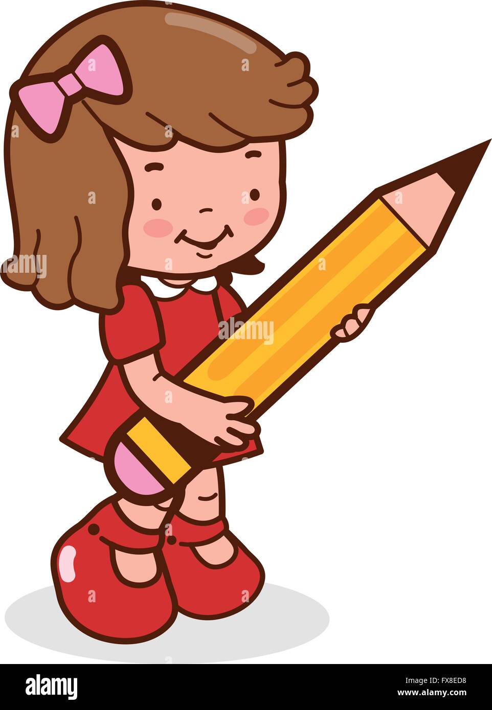Little girl student at school holding a big pencil. Child doing ...