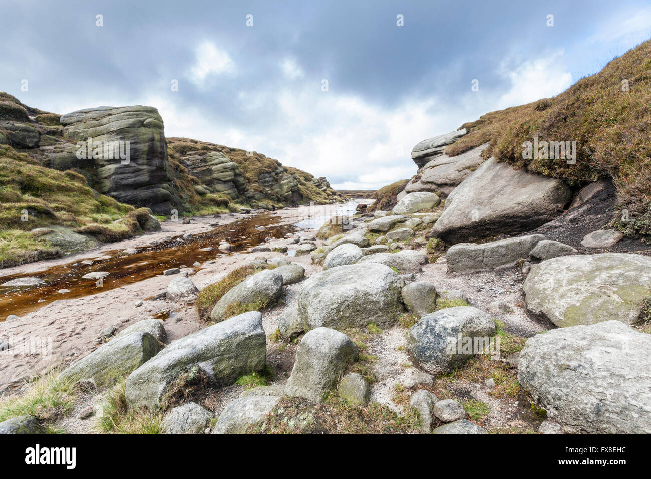 Gritstone or millstone grit (siliceous sandstone) rocks at Kinder Gates ...