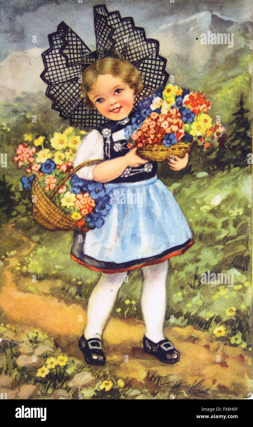 Postcard printed in the Germany shows Girl with two baskets of flowers ...