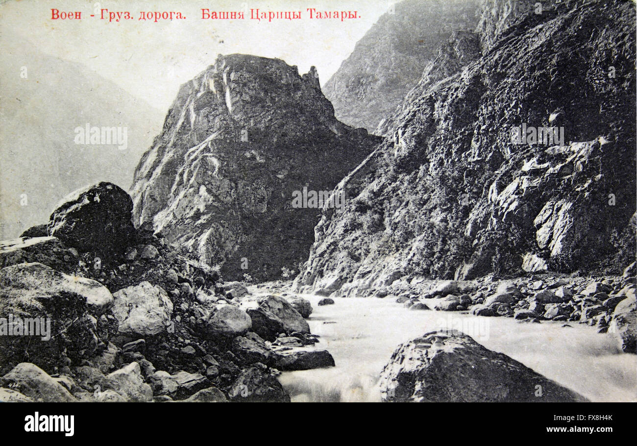 Postcard printed in Russia shows Military-Georgian road, Queen Tamara ...