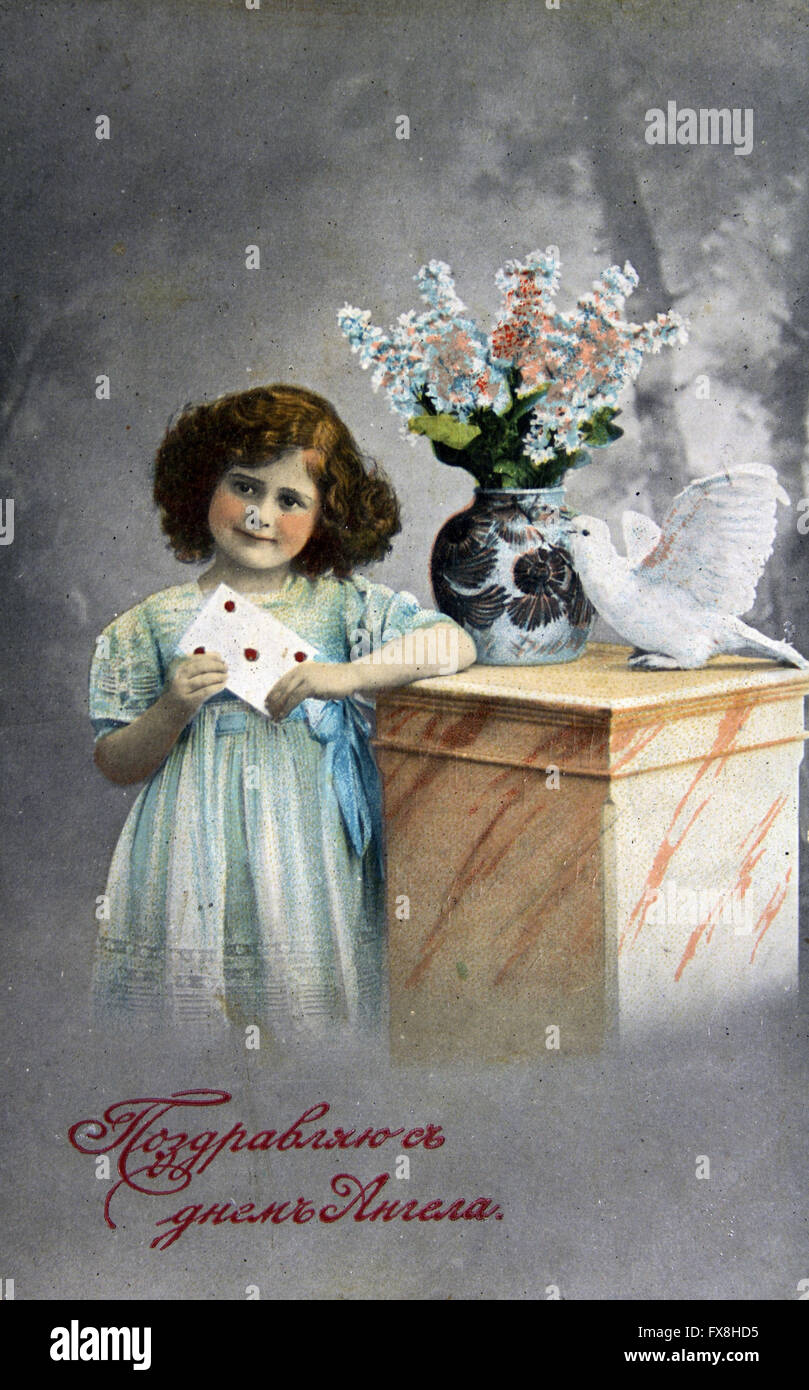 A Happy birthday! greeting card printed in the Germany shows girl with ...