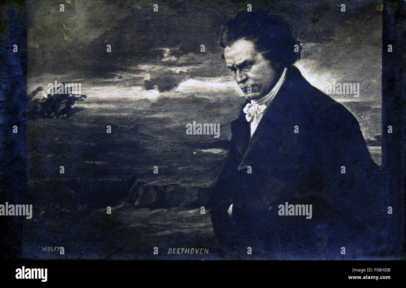 Postcard printed in France shows composer Ludwig van Beethoven, circa ...