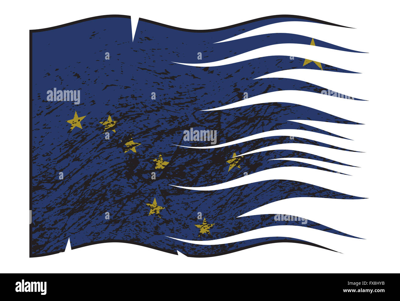 A grunged wavy and torn Alaska state flag isolated on a white ...