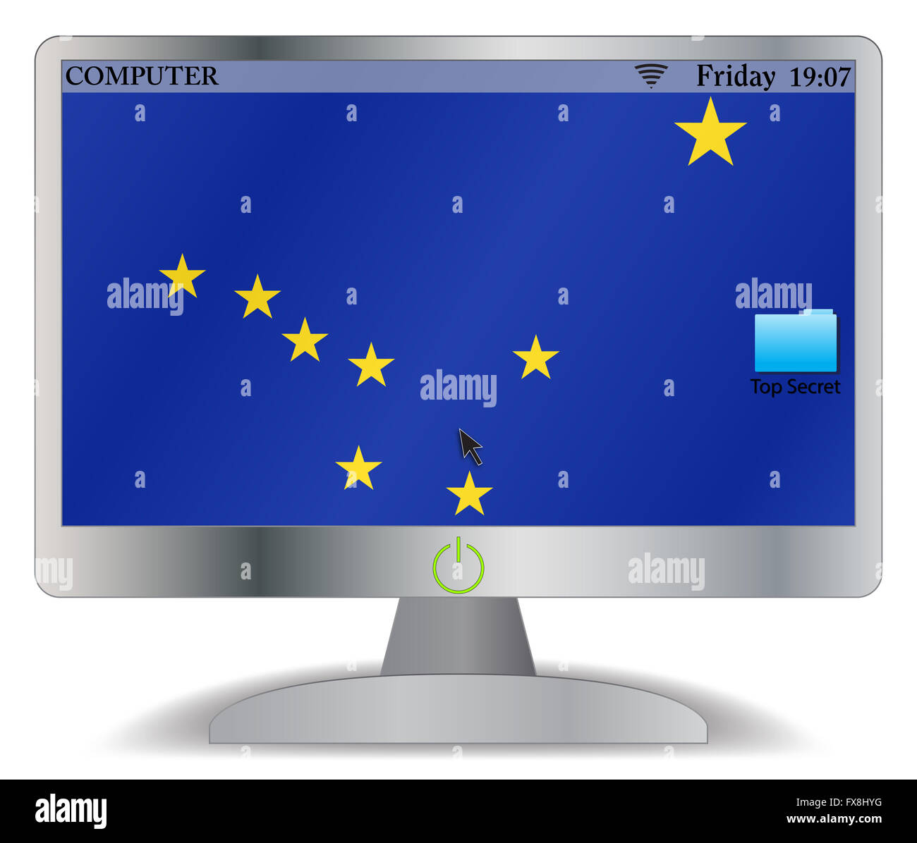An Alaska computer screen with an on button isolated on a white ...