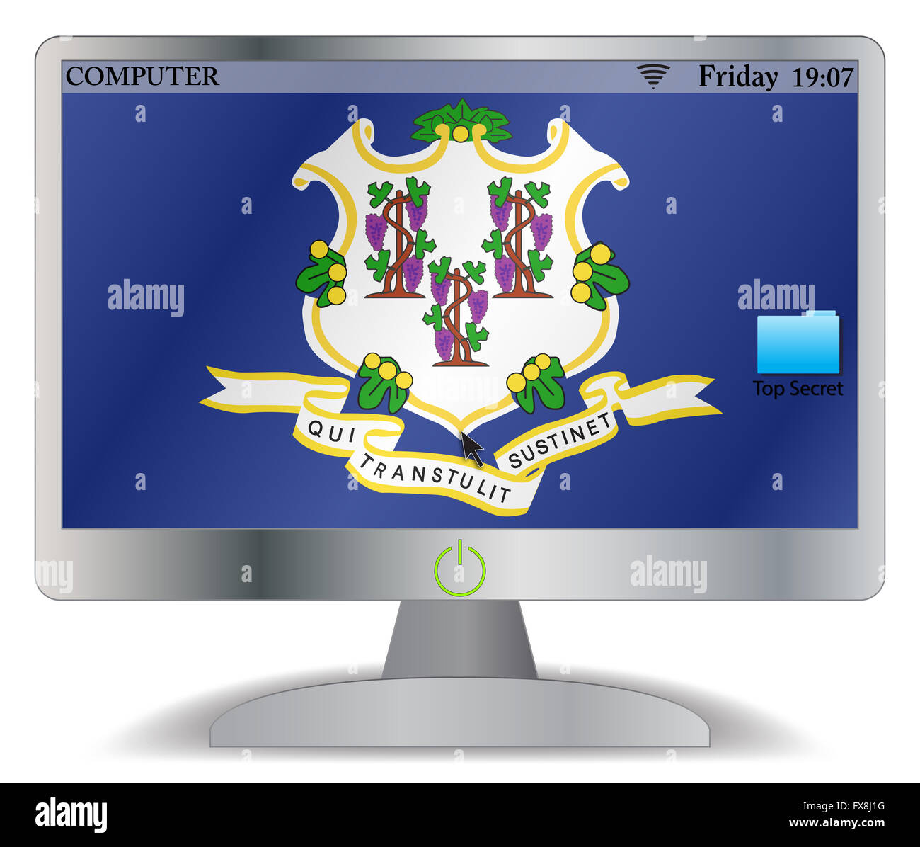 A Connecticut computer screen with an on button isolated on a white ...