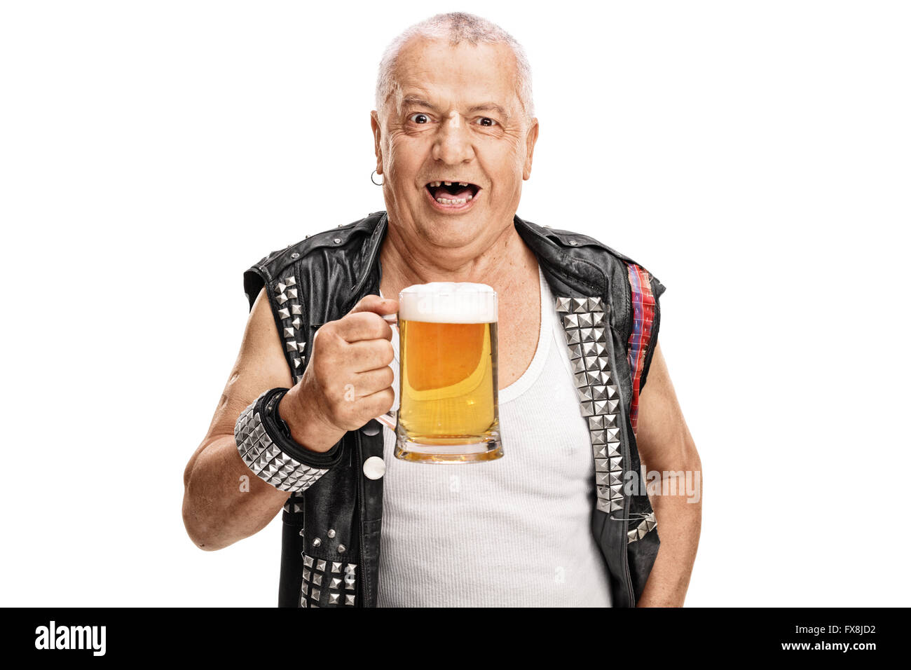 Crazy mature punk rocker holding a pint of beer and looking at the ...