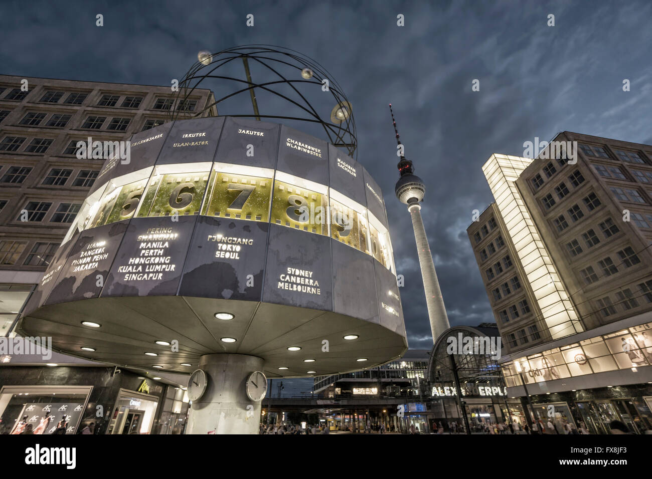 berlin alexander square, world clock, tv tower alex, tram in background ...