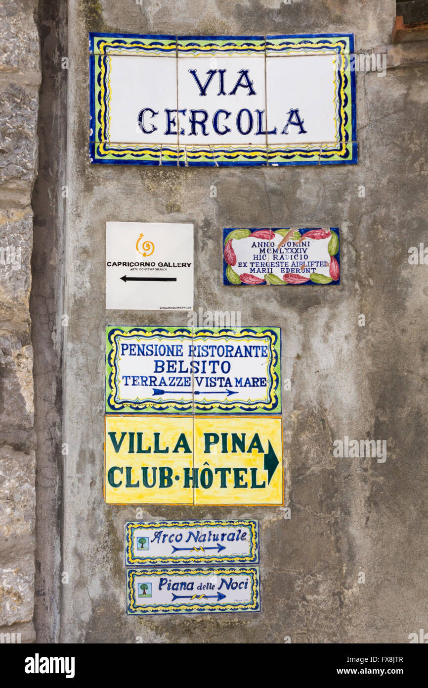 Hand painted ceramic street signs and advertising in Capri Stock Photo ...