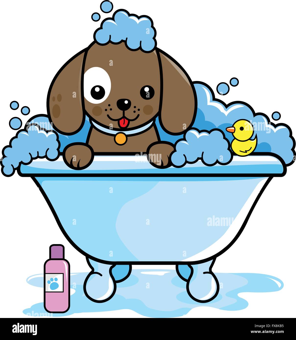 Dog in a bath tub taking a bubble bath. Cartoon puppy pet at the ...