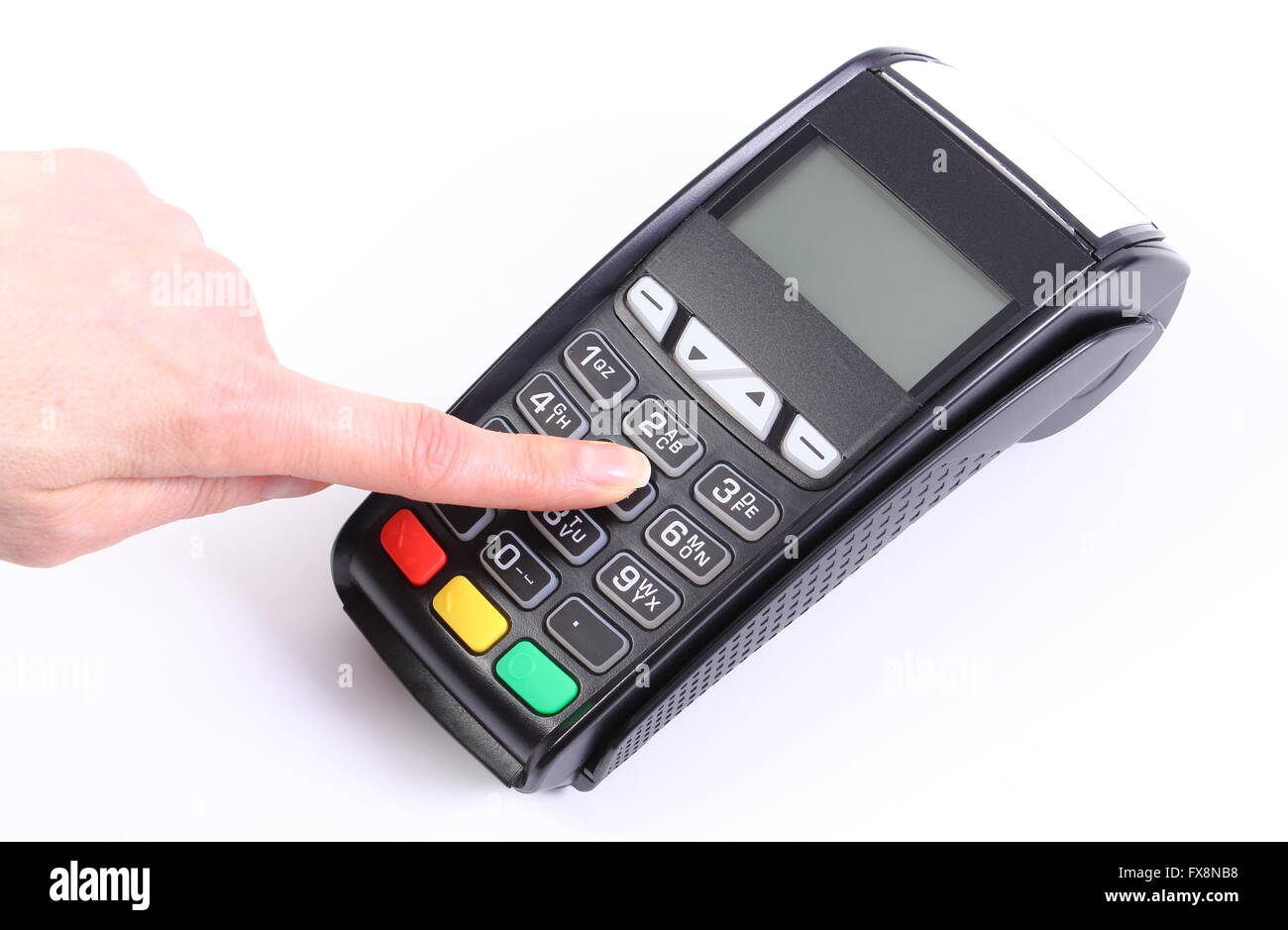 Hand of woman using payment terminal, enter personal identification ...