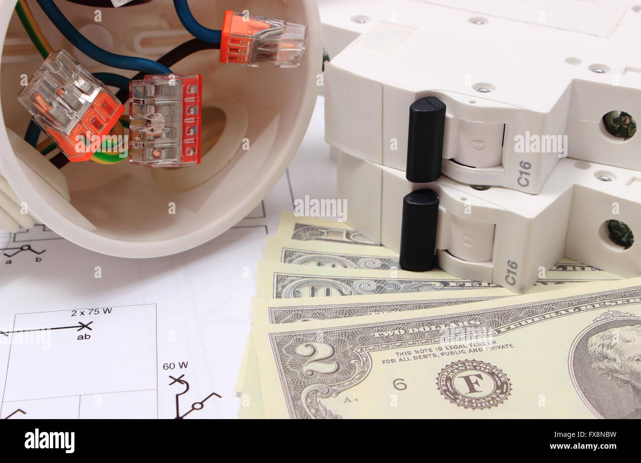 Copper wire connections in electrical box, electric fuse and money on ...