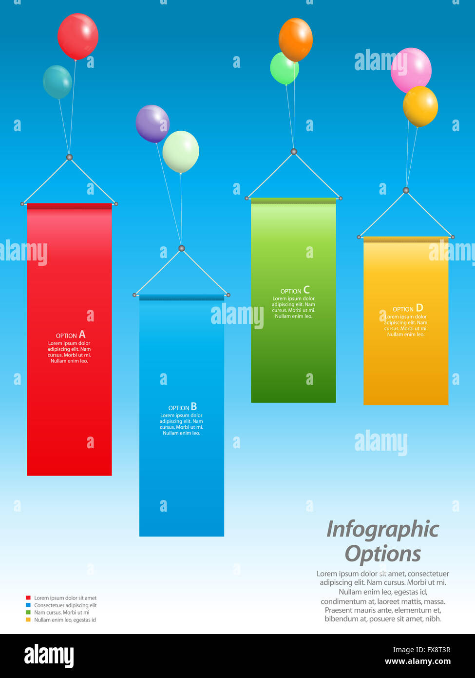 Info graphic Background with Banners Floating attached to Balloons Over ...