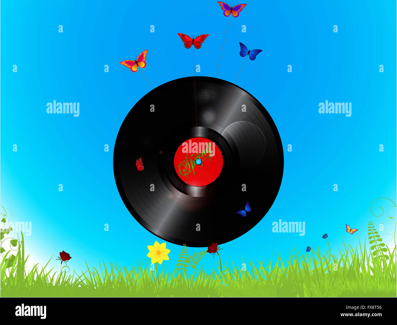 Vinyl Record with Spring Text Flying Attached to Butterflies Over Blue ...