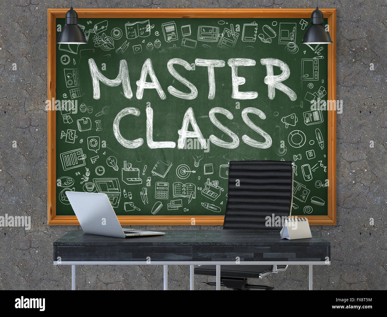 Master Class on Chalkboard with Doodle Icons Stock Photo - Alamy