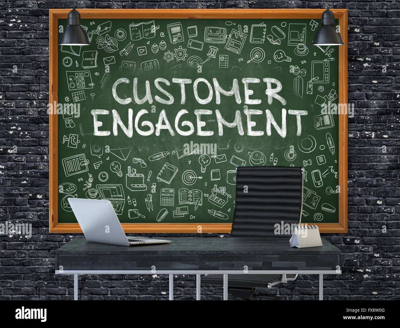 Customer Engagement on Chalkboard with Doodle Icons Stock Photo - Alamy