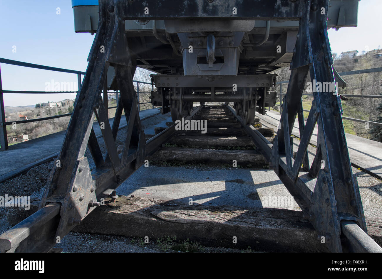 Bottom view of old railway carriage and old railway sleeper Stock Photo ...