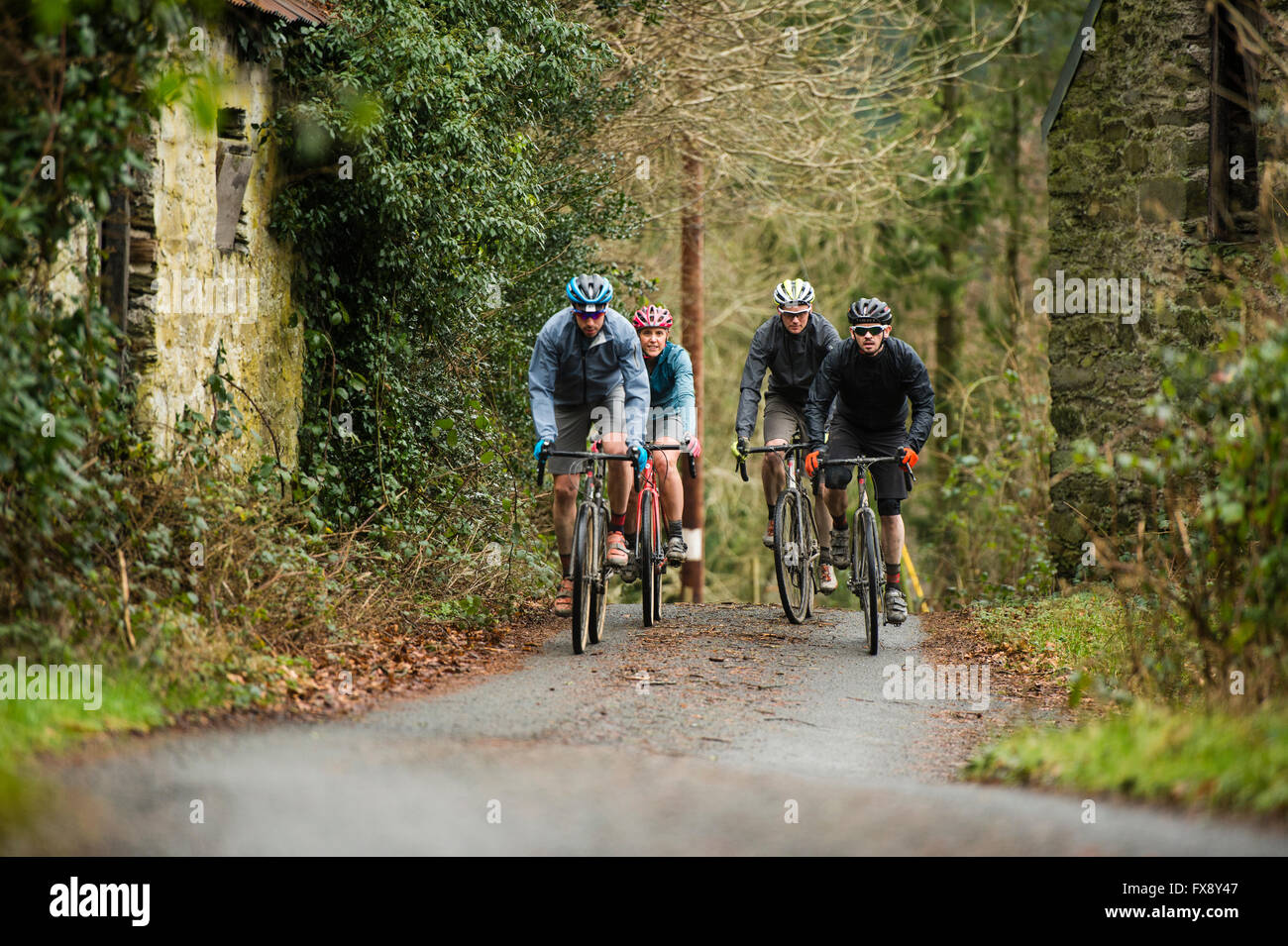 A group of friends cycling together In the hills and woodlands around ...