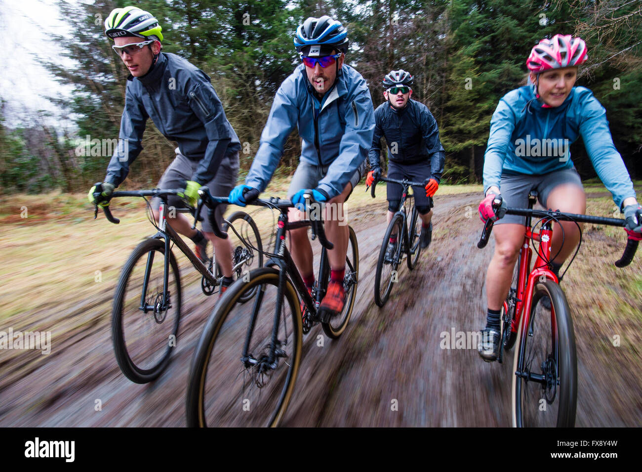 A group of friends cycling together In the hills and woodlands around ...