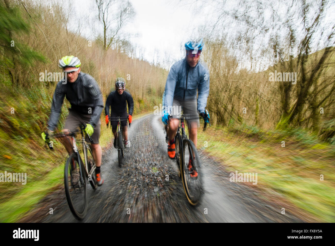 A group of friends cycling together In the hills and woodlands around ...