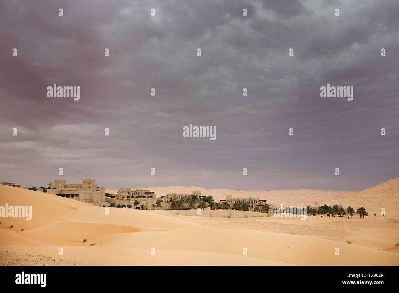 Oasis in UAE Desert under a stormy sky Stock Photo - Alamy