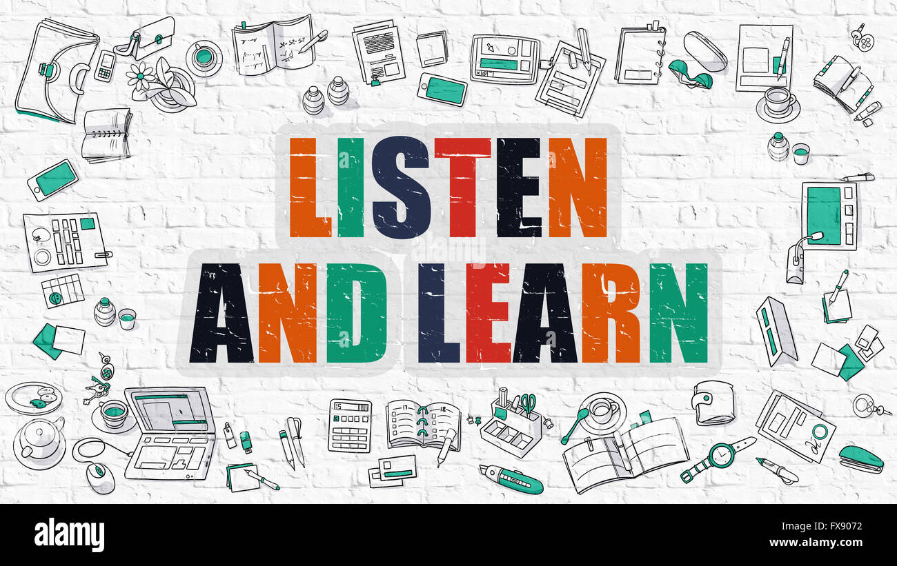 Listen and Learn Concept with Doodle Design Icons Stock Photo - Alamy