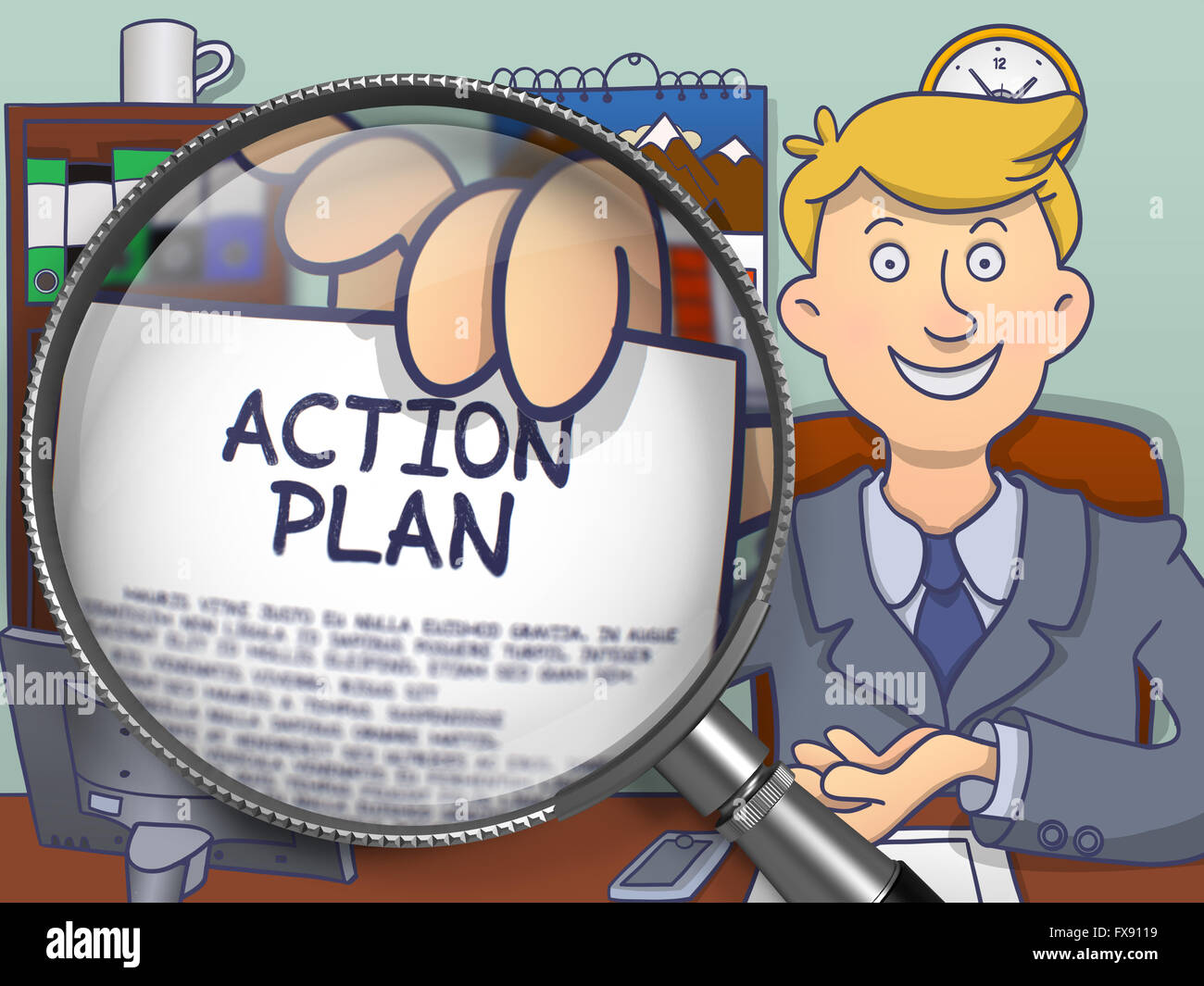 Action Plan through Magnifier. Doodle Style Stock Photo - Alamy