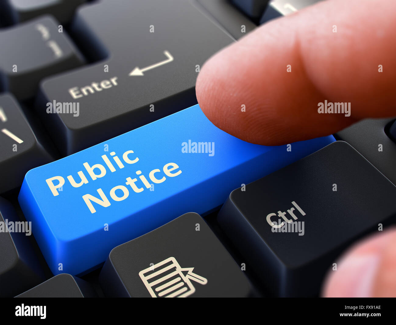 Public Notice - Clicking Blue Keyboard Button Stock Photo - Alamy