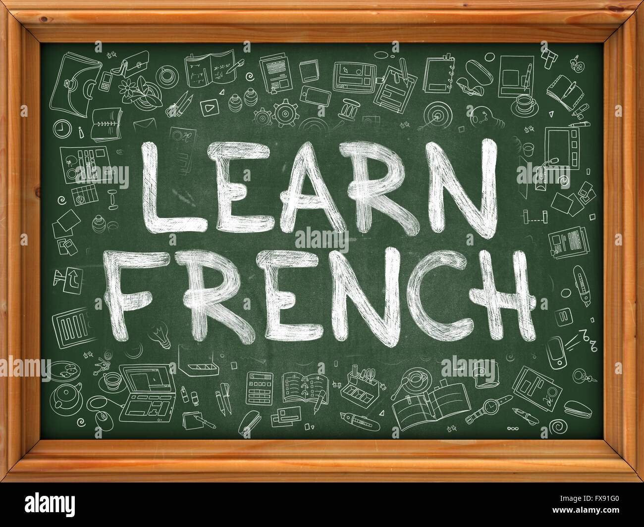 Green Chalkboard with Hand Drawn Learn French Stock Photo - Alamy