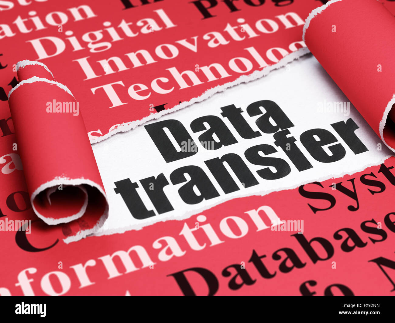 Data concept: black text Data Transfer under the piece of torn paper ...