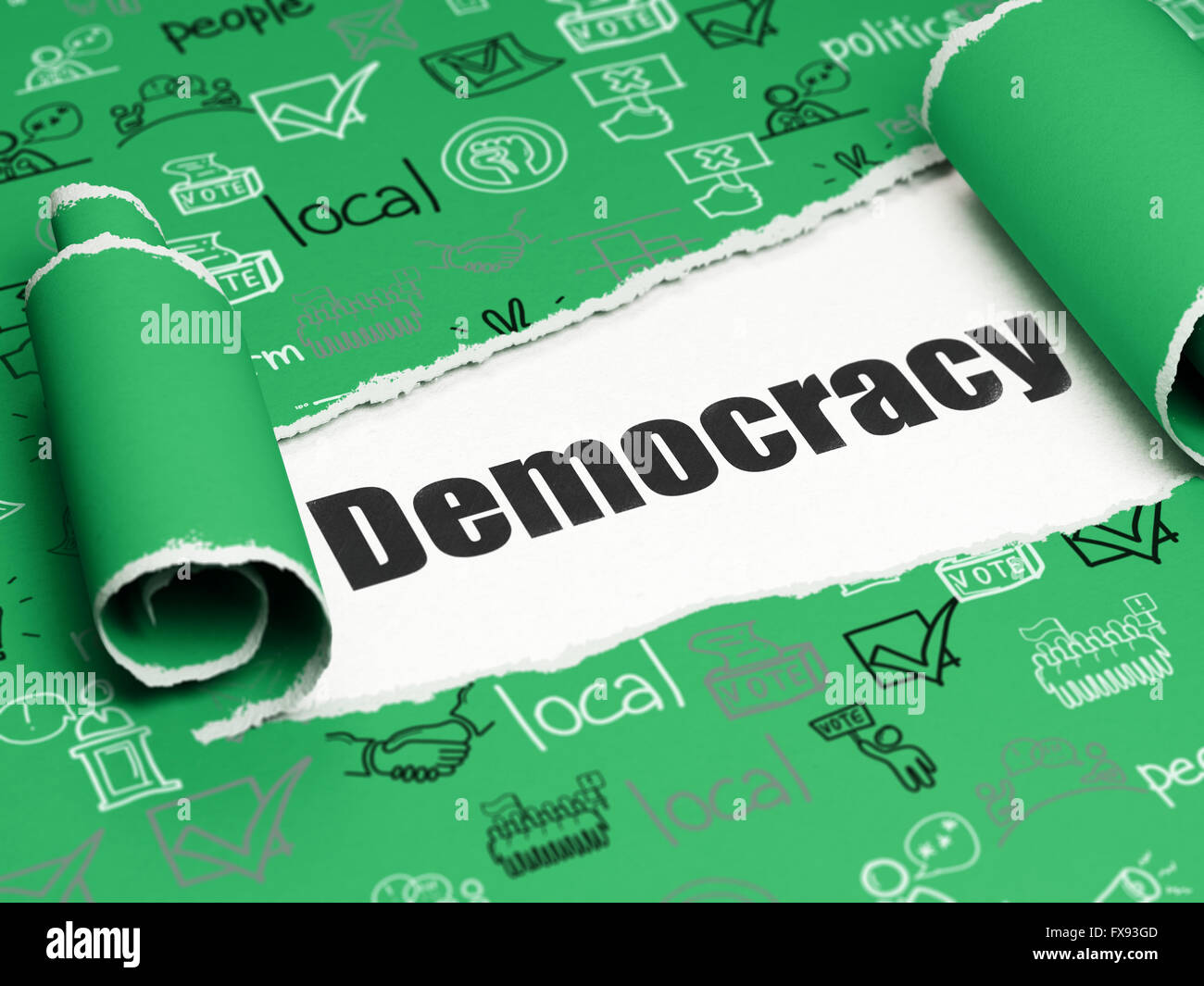 Political concept: black text Democracy under the piece of torn paper ...
