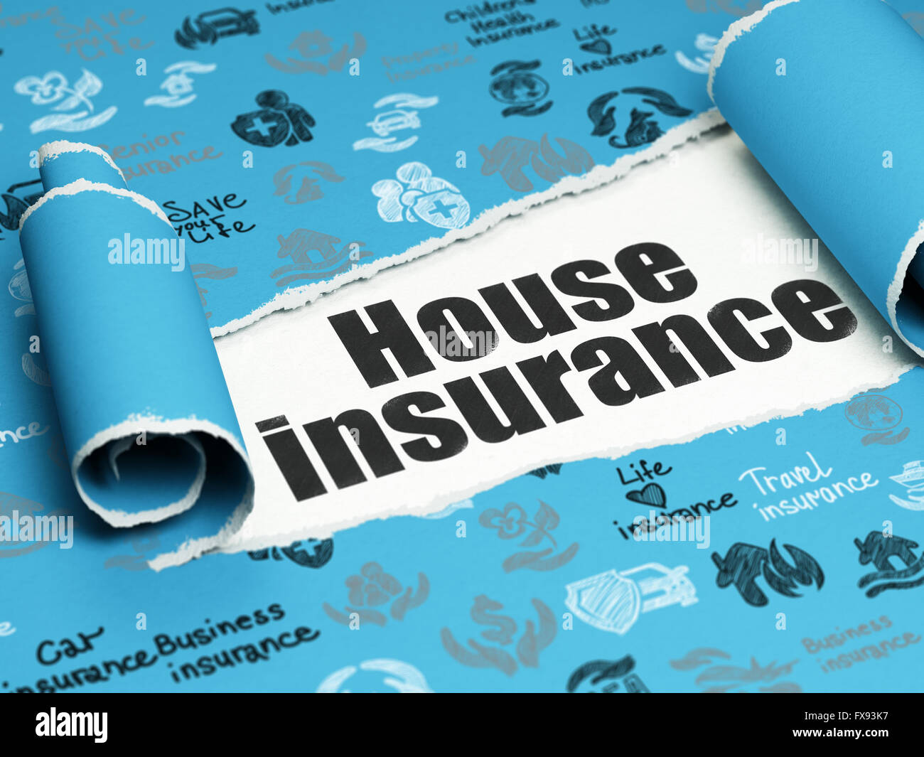 Insurance concept: black text House Insurance under the piece of torn ...