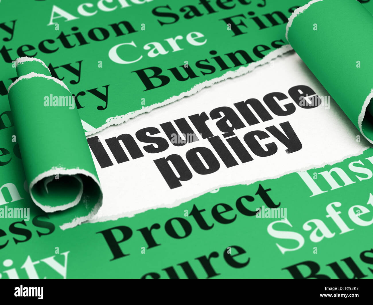 Insurance concept: black text Insurance Policy under the piece of torn ...
